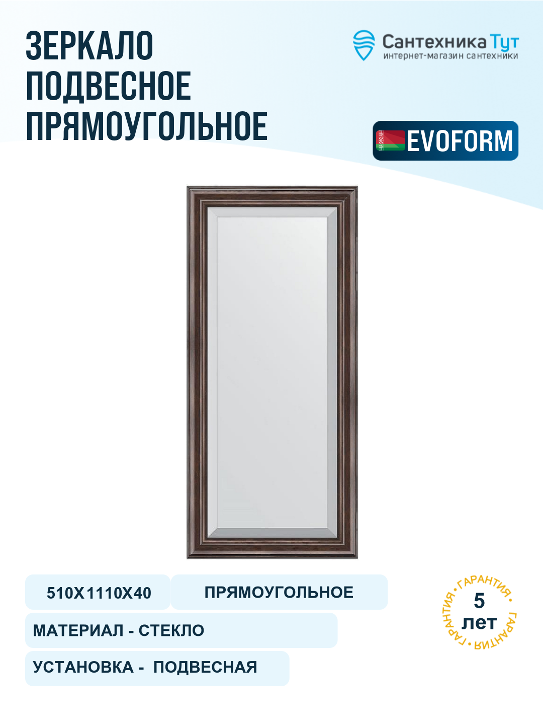 Зеркало Evoform Exclusive 111х51 BY 1144 с фацетом в багетной раме - Палисандр 62 мм