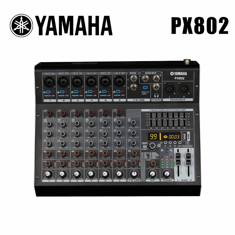 Профессиональный портативный звуковой микшер Yamaha PX802, 8 каналов, 6 входов XLR, 99 DSP-эффектов, Bluetooth и USB интерфейс, 24-bit/192 кГц,