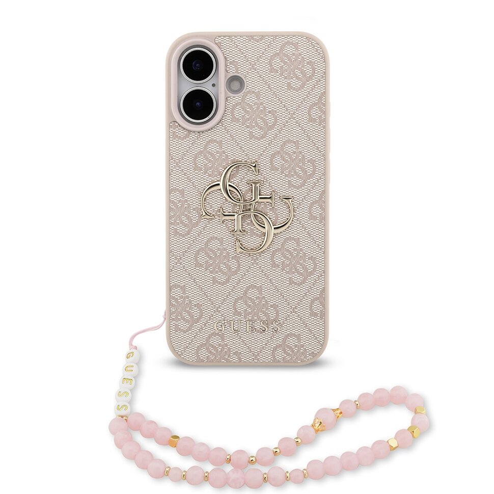 Guess чехол для iPhone 17, PU кожа с принтом 4G, металлический логотип, шнурок из бусин на запястье, розовый