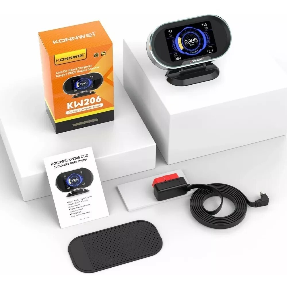 Автомобильный Диагностический Сканер KONNWEI KW206 OBD2 С Цифровым Дисплеем, Показывающий Расход Топлива И Температуру Воды.