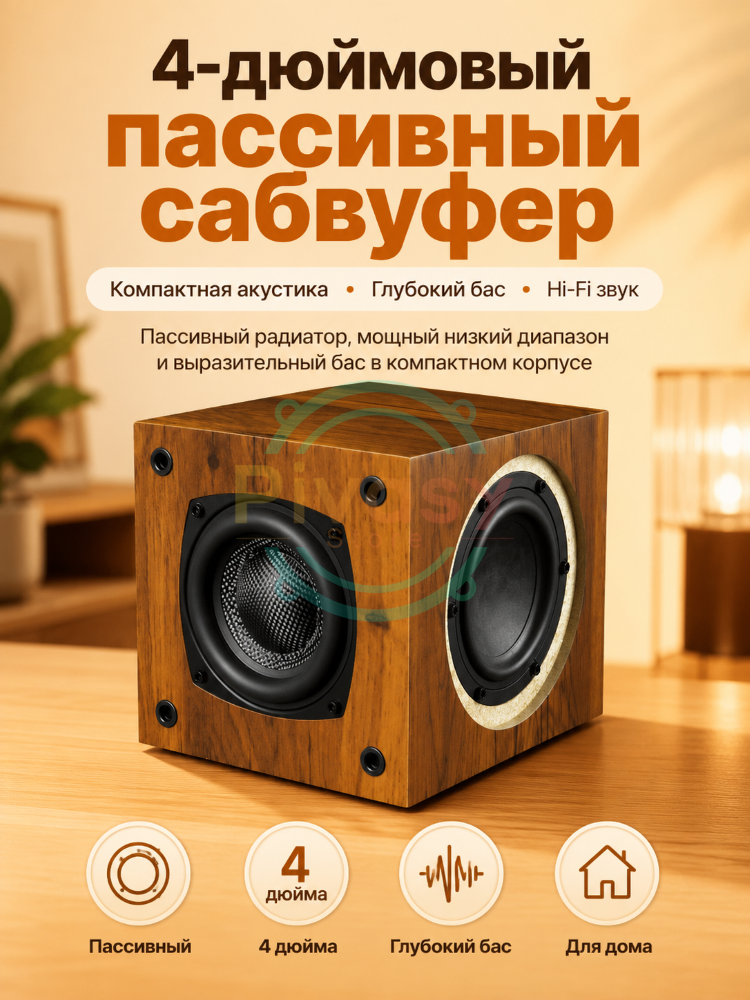 4-дюймовый пассивный сабвуфер, среднеквадратичная мощность 40 Вт, пиковая мощность 80 Вт, 45-200 Гц для системы 2.1