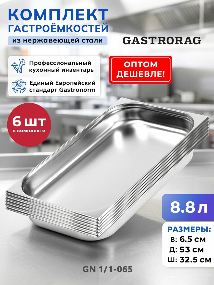 Гастроемкость из нержавеющей стали GN 1/1-65 мм, емкость 8.8 л, противень для духовки глубокий, поддон пищевой, комплект 6 шт.