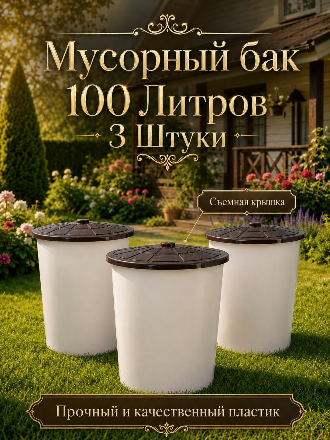 Бак для воды, мусора 100 литров, набор 3 шт, бежевый