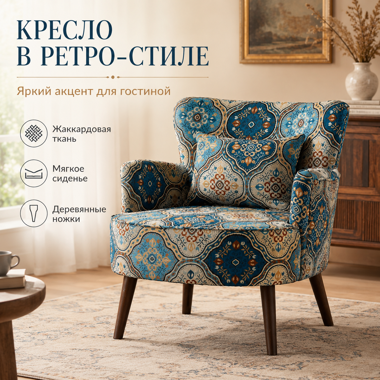Ретро кресло для одного человека , для малогабаритных квартир, винтажный стиль для гостевых домов, тканевое кресло