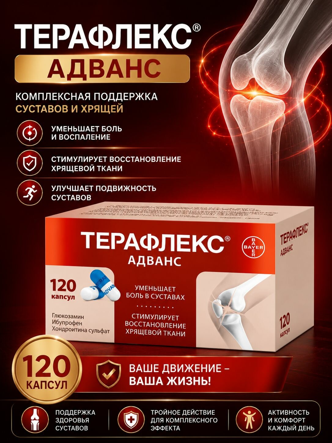 Терафлекс Адванс 120 капсул, глюкозамин + хондроитин + ибупрофен, лекарство для суставов, при боли и воспалении суставов