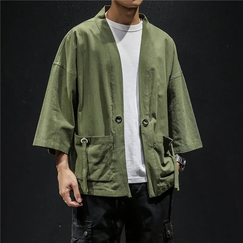 LMANMX хлопковый льняной кардиган-кимоно мужской XL, Зеленый, Green