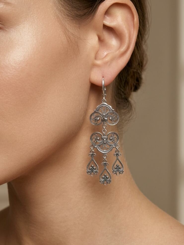 Серьги JEWELRY of KUBACHI, серебро, 925 проба, оксидирование, размер 60 мм, длина 6 см, , серебристый/черный — фото 1