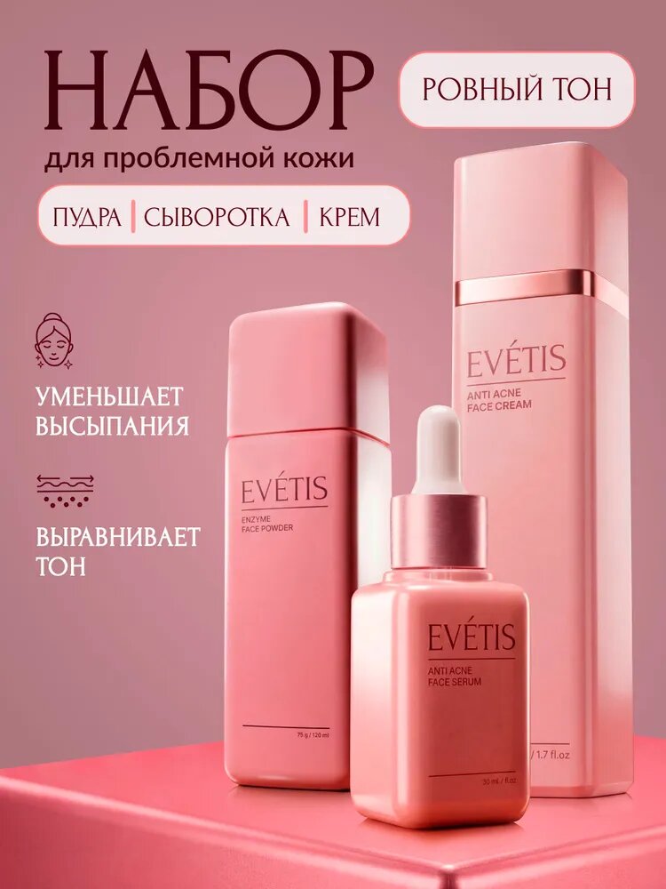 EVETIS Набор для лица от прыщей и акне: энзимная пудра, сыворотка, крем с салициловой кислотой и ниацинамидом, для жирной и проблемной кожи