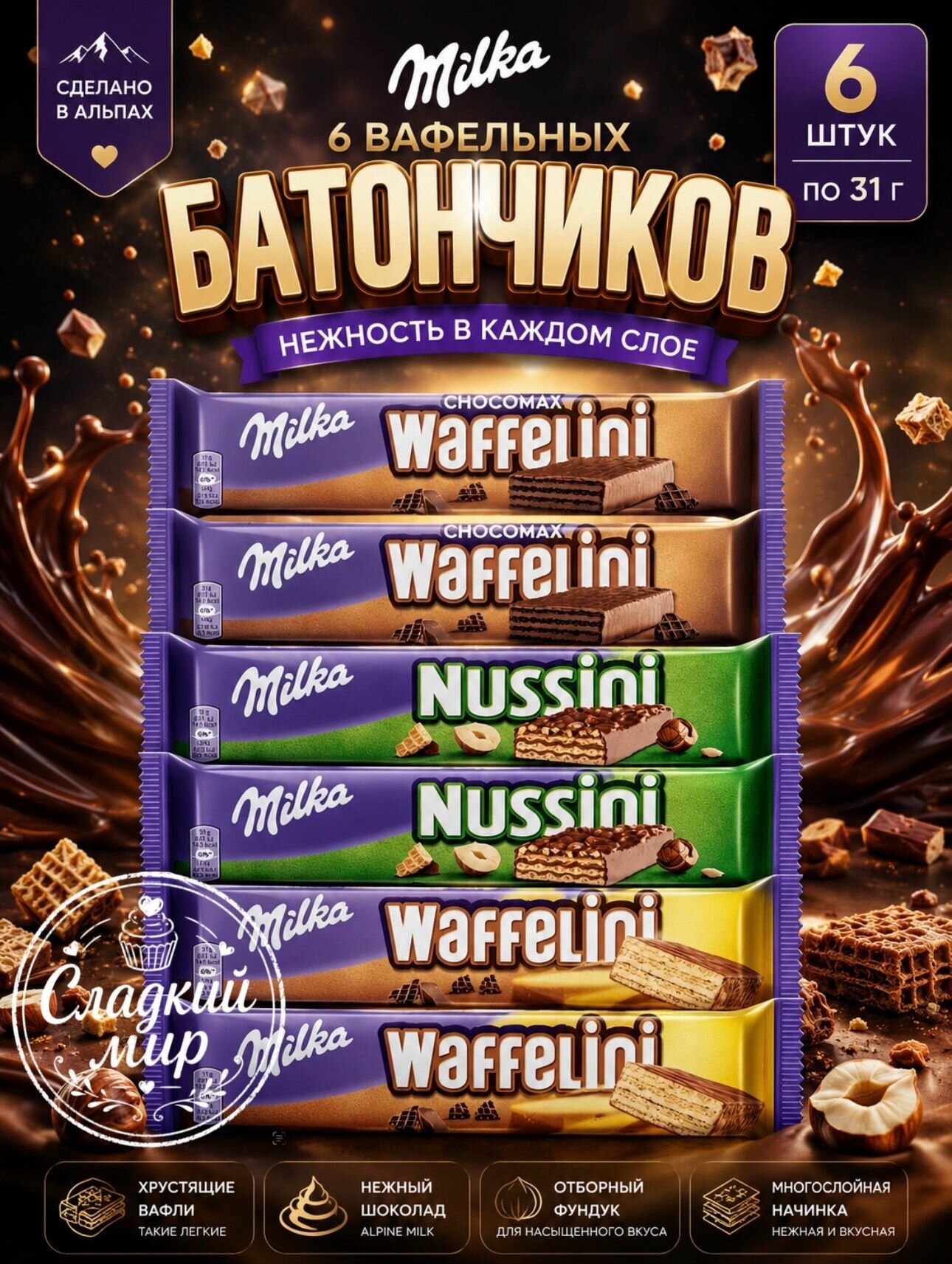Вафли в шоколаде Milka/ Милка Микс, 6 шт. х 31 гр. (Швейцария)