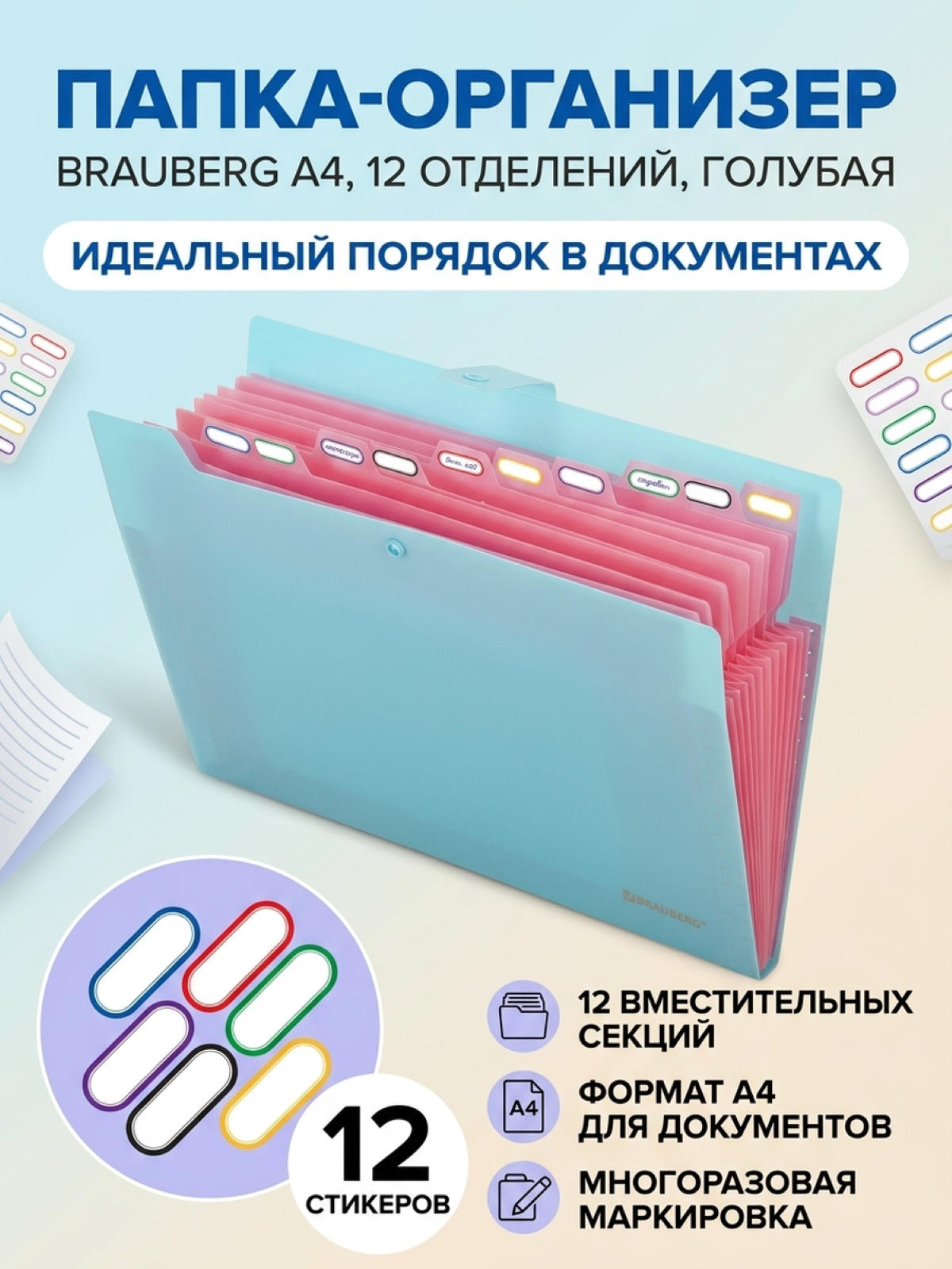 Папка для документов BRAUBERG Extra органайзер на кнопке А4 12 отделений голубая с розовым