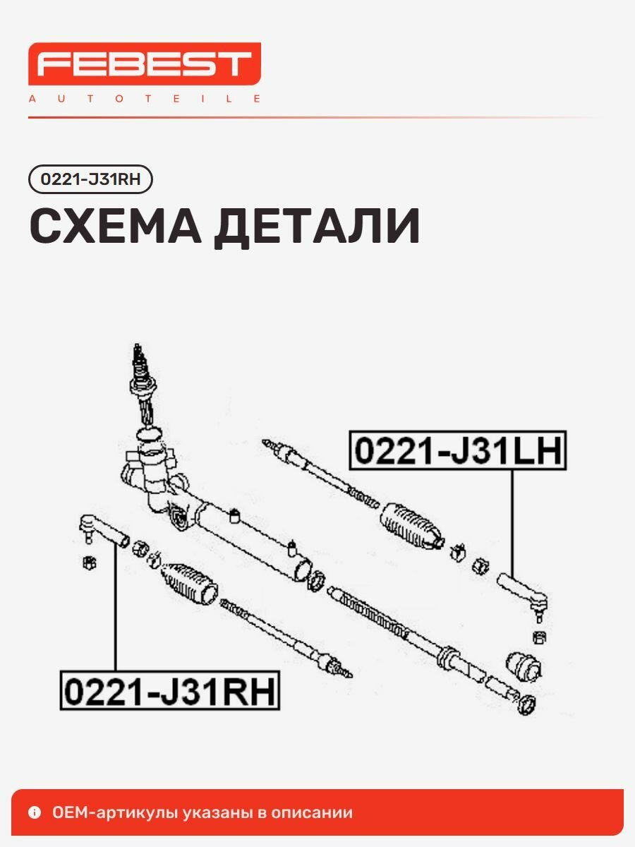 Наконечник рулевой правый Nissan Ниссан Teana Тиана, Navara MLY, Navara THI, Navara, Navara_thi, Presage, Terra, Terra JD23TT, Frontier, NP300 Frontier 0221-J31RH, Febest 0221J31RH — фото 1
