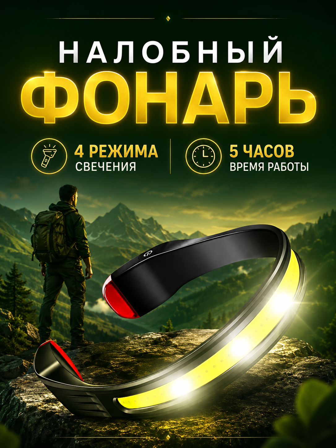 Фонарь налобный светодиодный, Фонарик аккумуляторный для рыбалки, Охоты, Туризма, Черный
