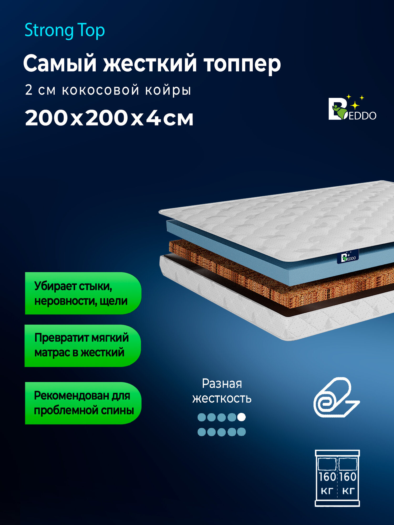 Топпер матрас 200х200 жесткий наматрасник с кокосовой койрой Strong Top