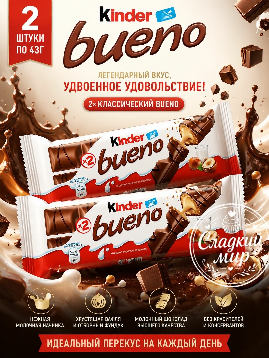 Вафли Kinder Bueno, покрытые молочным шоколадом, c молочно-ореховой начинкой, 2 шт по 43 г
