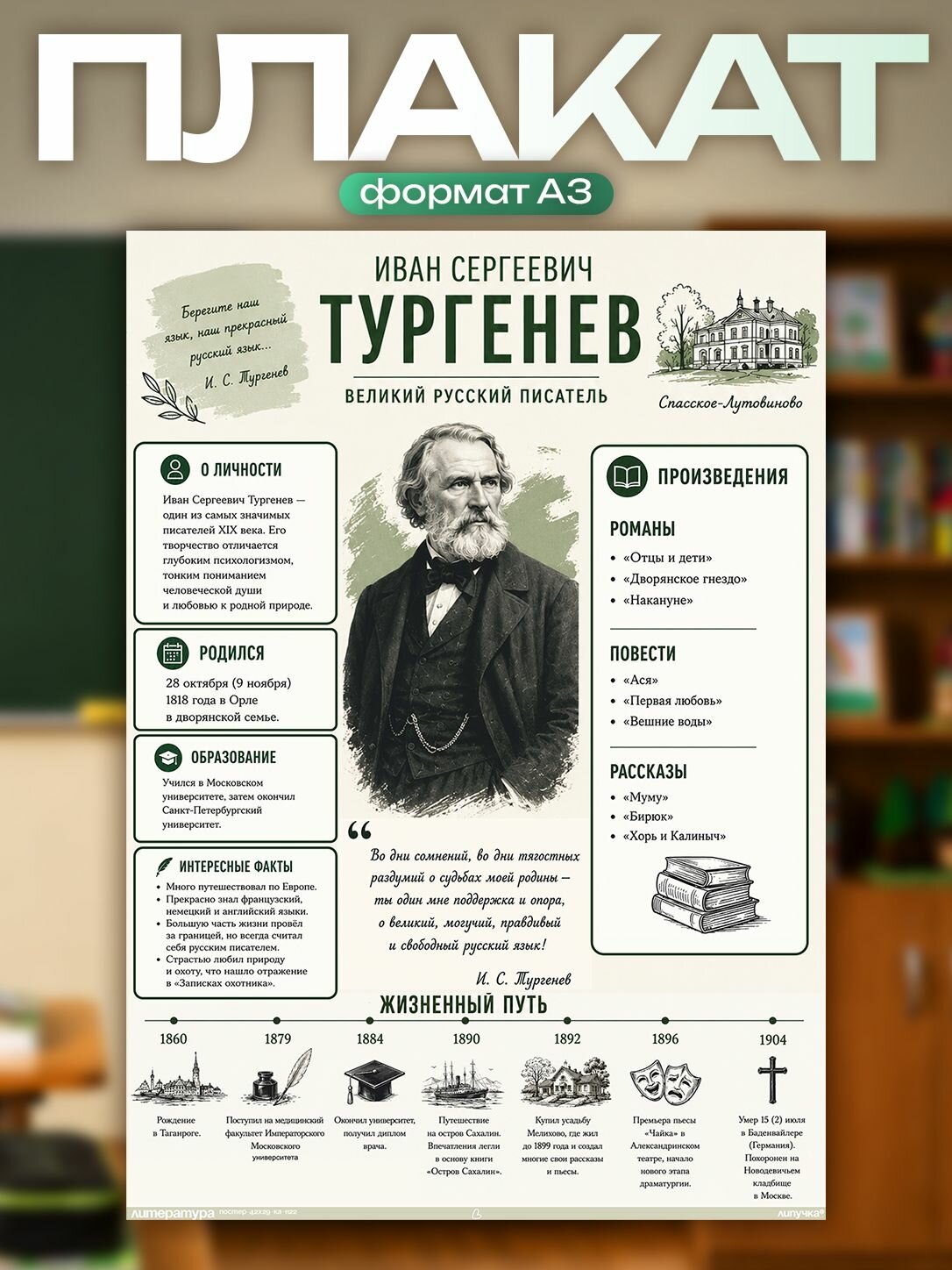 Постеры школьные Литература русский писатель Тургенев