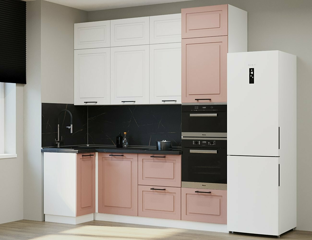 Кухонный угловой гарнитур Аликанте, 1000х2400 мм, шарли белый / шарли pink