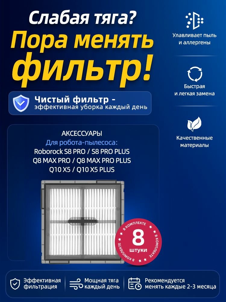 Комплект фильтров для робота-пылесоса Roborock Q8 Max Pro / Q8 Max Pro Plus.
