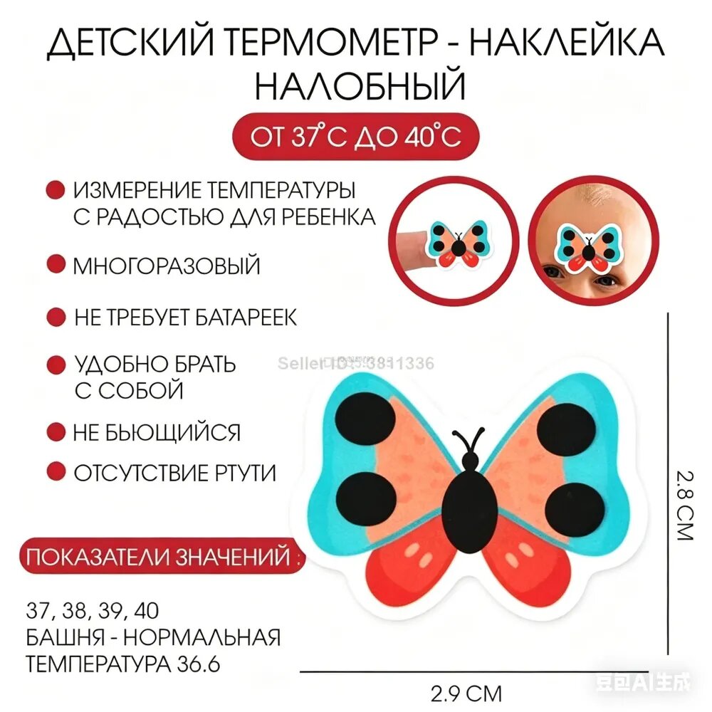 Детский термометр-наклейка налобный, градусник для новорожденных "бабочка" / 1 шт