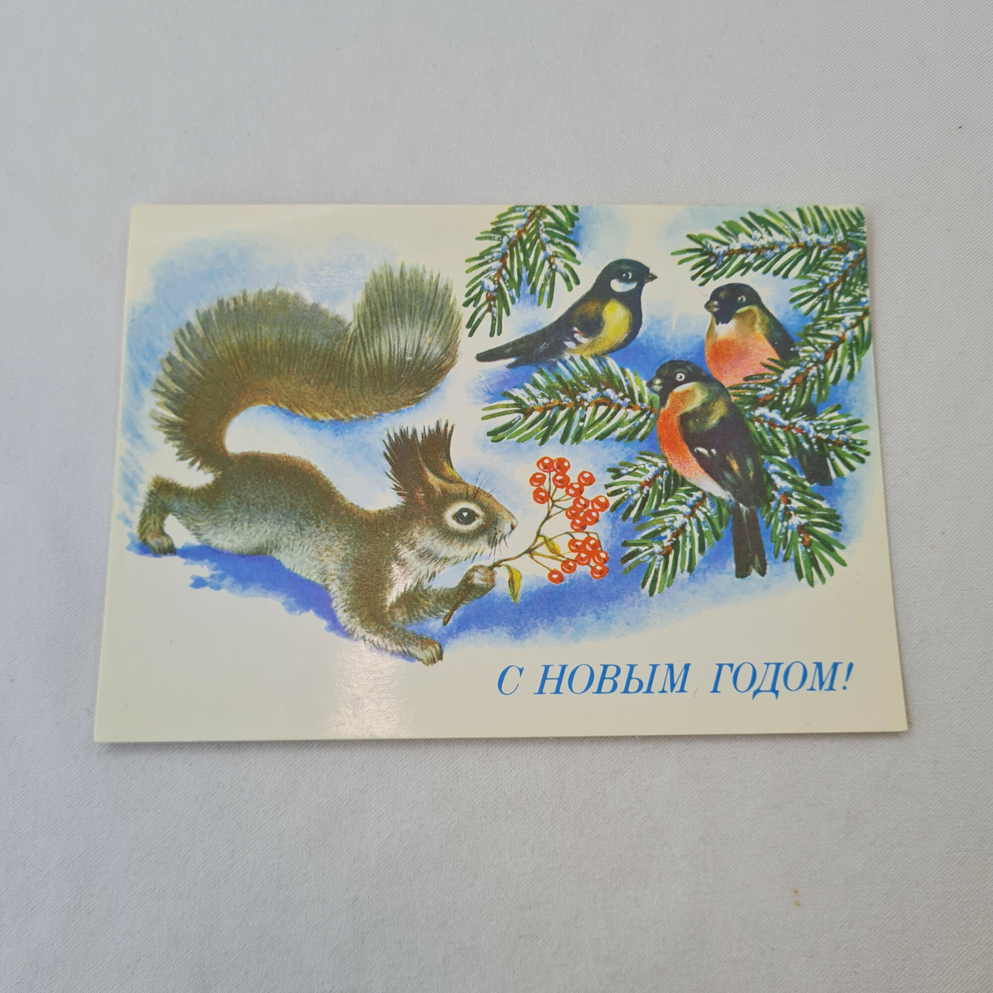 Открытка советская СССР, старинная. Новогодняя, белка и снегири на еловых ветвях, винтажная