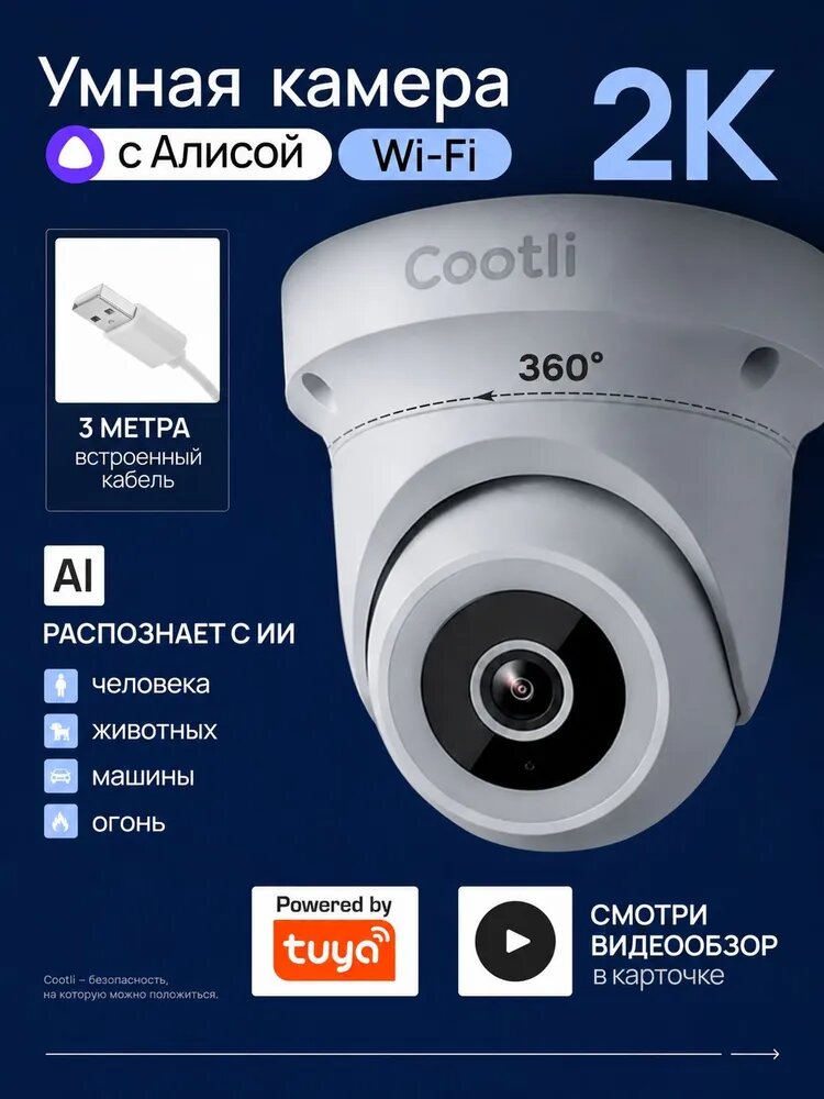 Купольная камера видеонаблюдения WIFI уличная 2К, умная с Алисой Cootli (CI-OIDWF242)