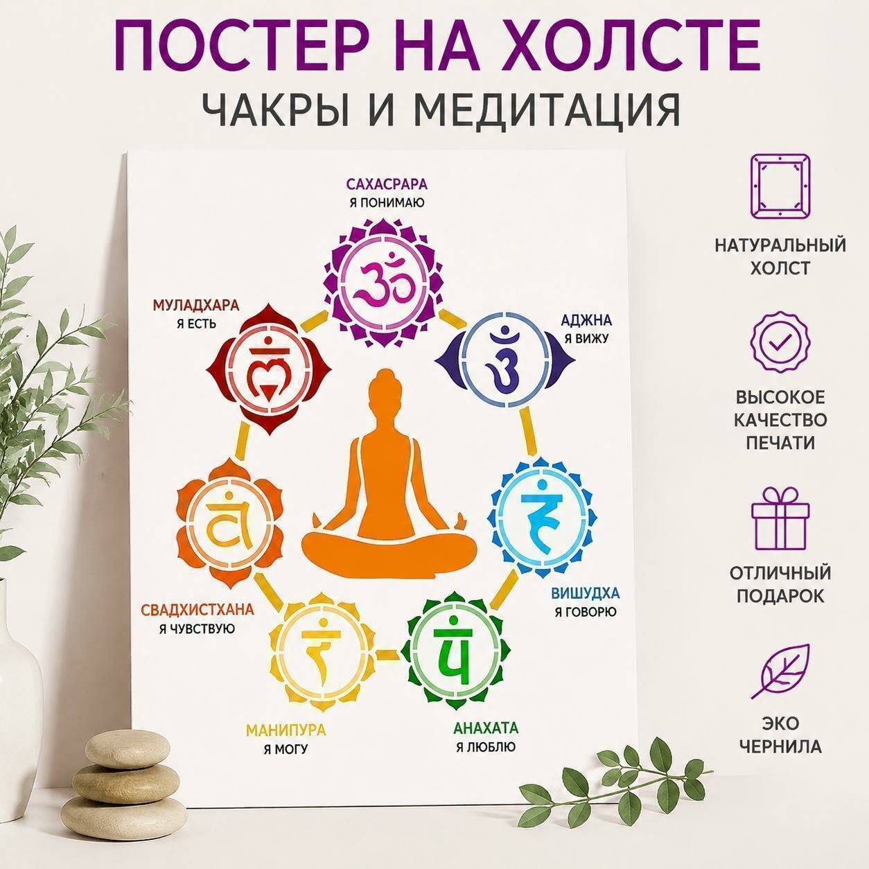 Постер «Чакры и медитация», силуэт медитирующего йога с 7 чакрами, духовный настенный декор, 1 шт.