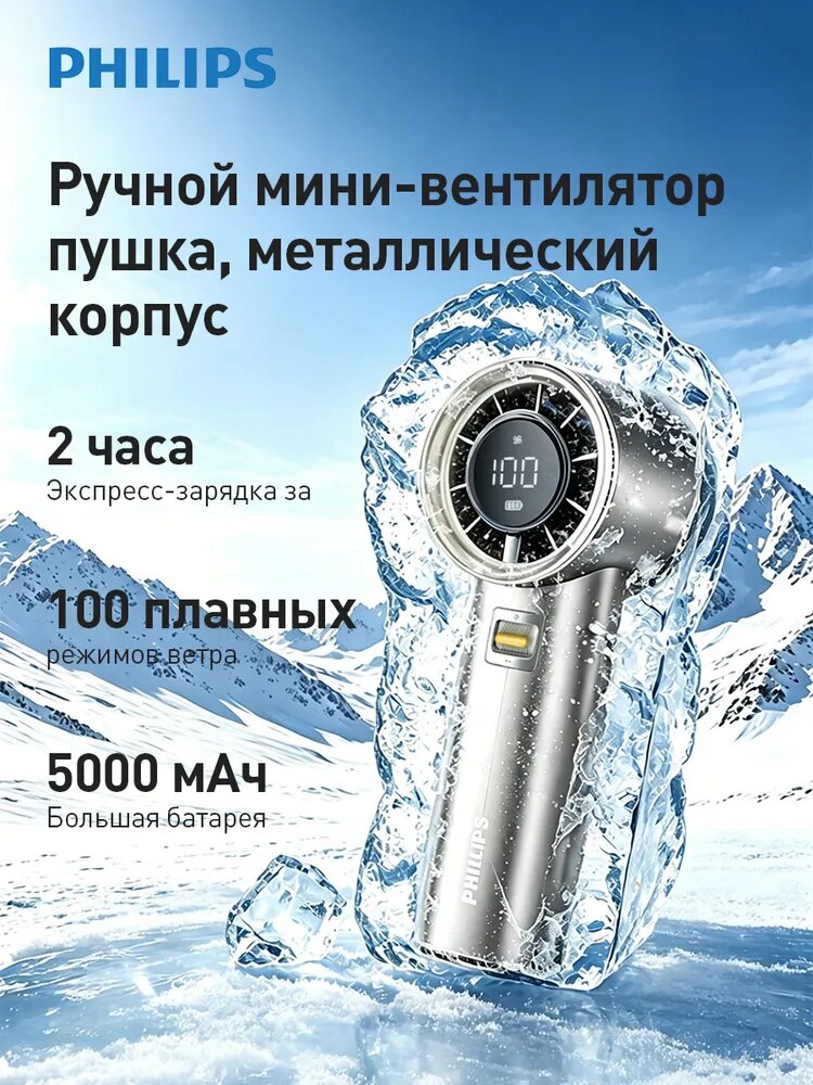 Philips Портативный вентилятор Ручной высокоскоростной вентилятор Philips, флагман, металлический корпус, 5000 мАч, зарядка Type-C, бежевый