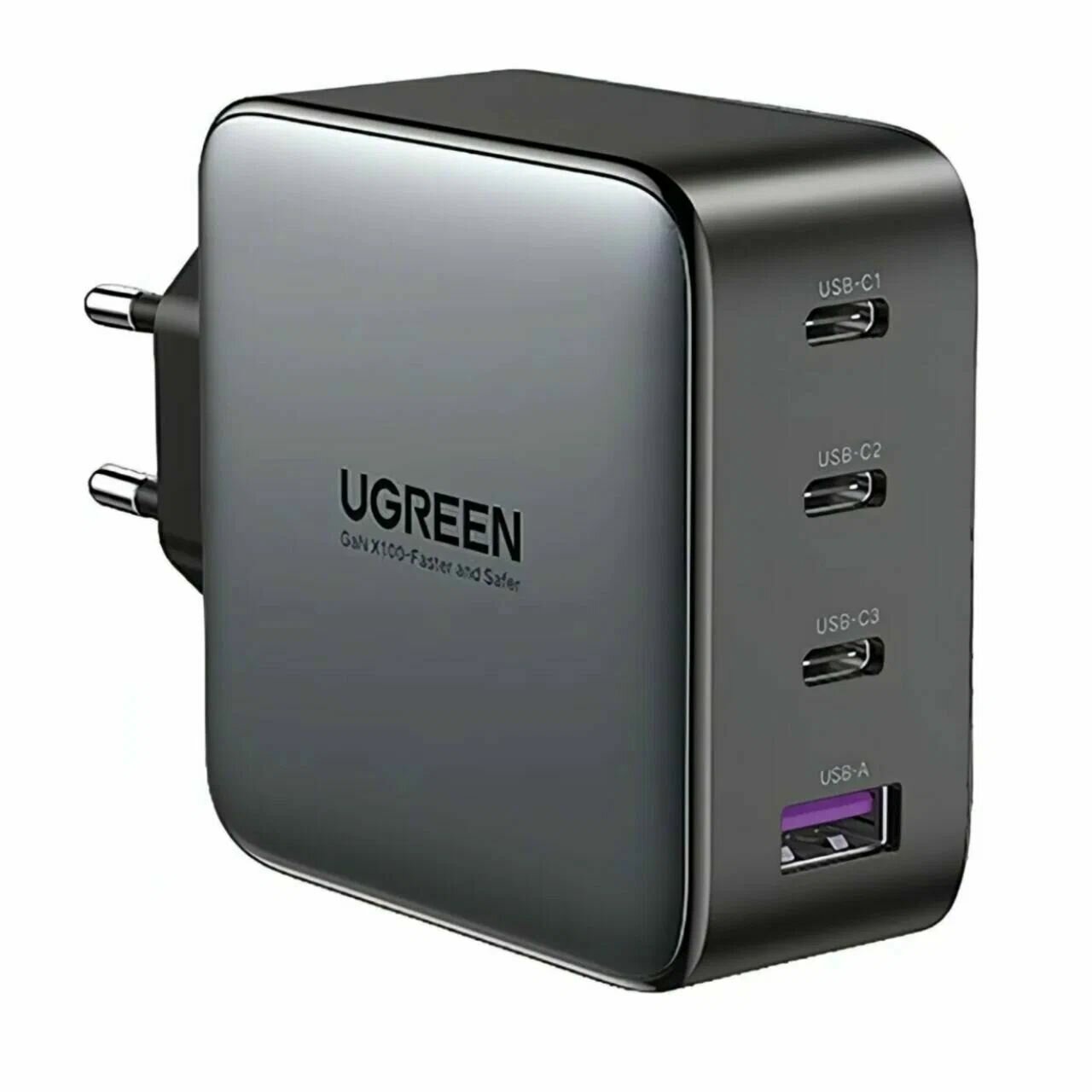 Зарядный блок Ugreen Nexode CD226 на 100 Вт в сером корпусе, оборудованный тремя разъемами USBA и PD GaN, представлен в эксклюзивном исполнении