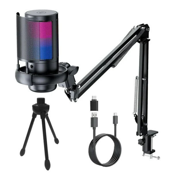 Микрофон игровой для ПК с кронштейном черный с RGB подсветкой