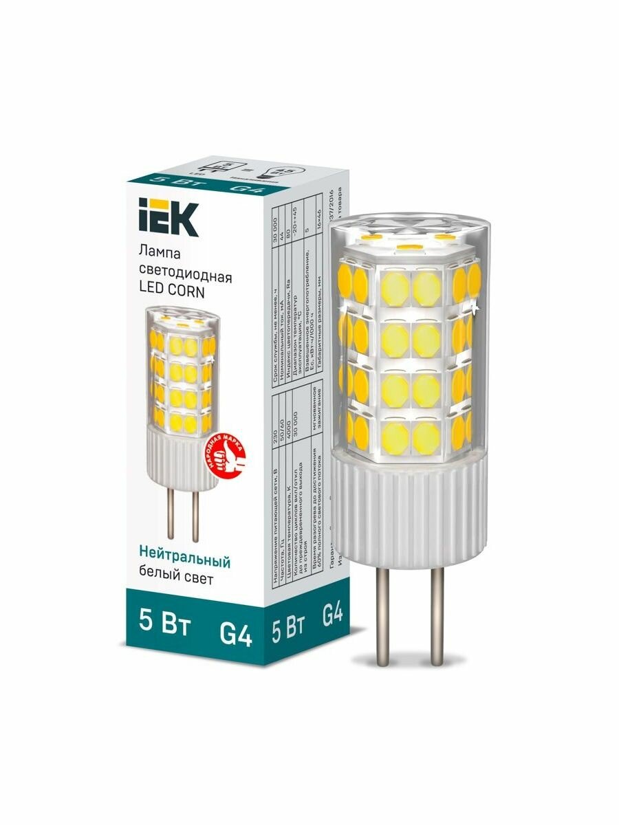 Лампа светодиодная Corn 5Вт капсульная 4000К нейтр. бел. G4 230В керамика IEK LLE-Corn-5-230-40-G4