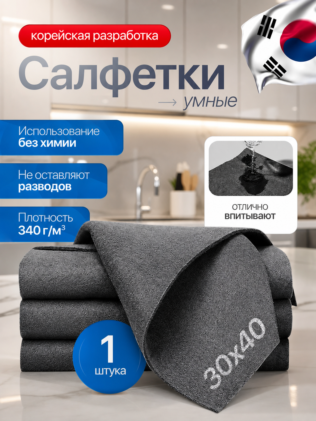 Умные корейские салфетки для уборки, тряпки без разводов 30*40 см
