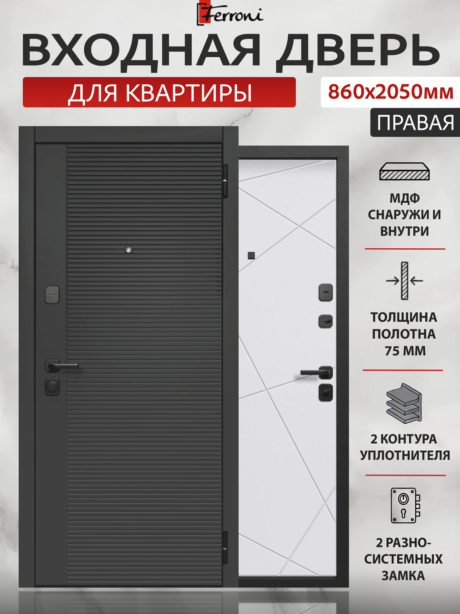 Входная дверь Ferroni 7,5 см Черный Кварц Сатин Белый (860мм) правая