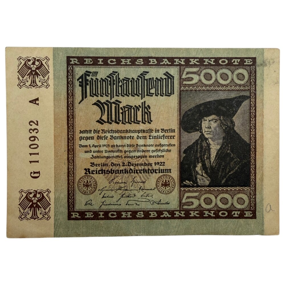 Веймарская республика (Германия) 5000 марок 1922 г. (02.12) (ВЗ - Звёзды G&D) (Серия G A)