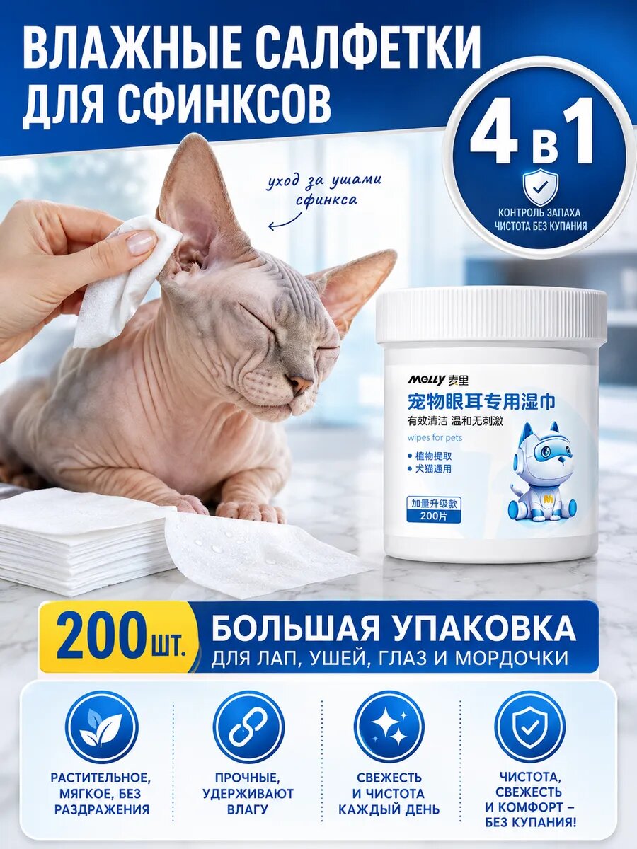 Салфетки для кошек сфинкс для глаз и ушей