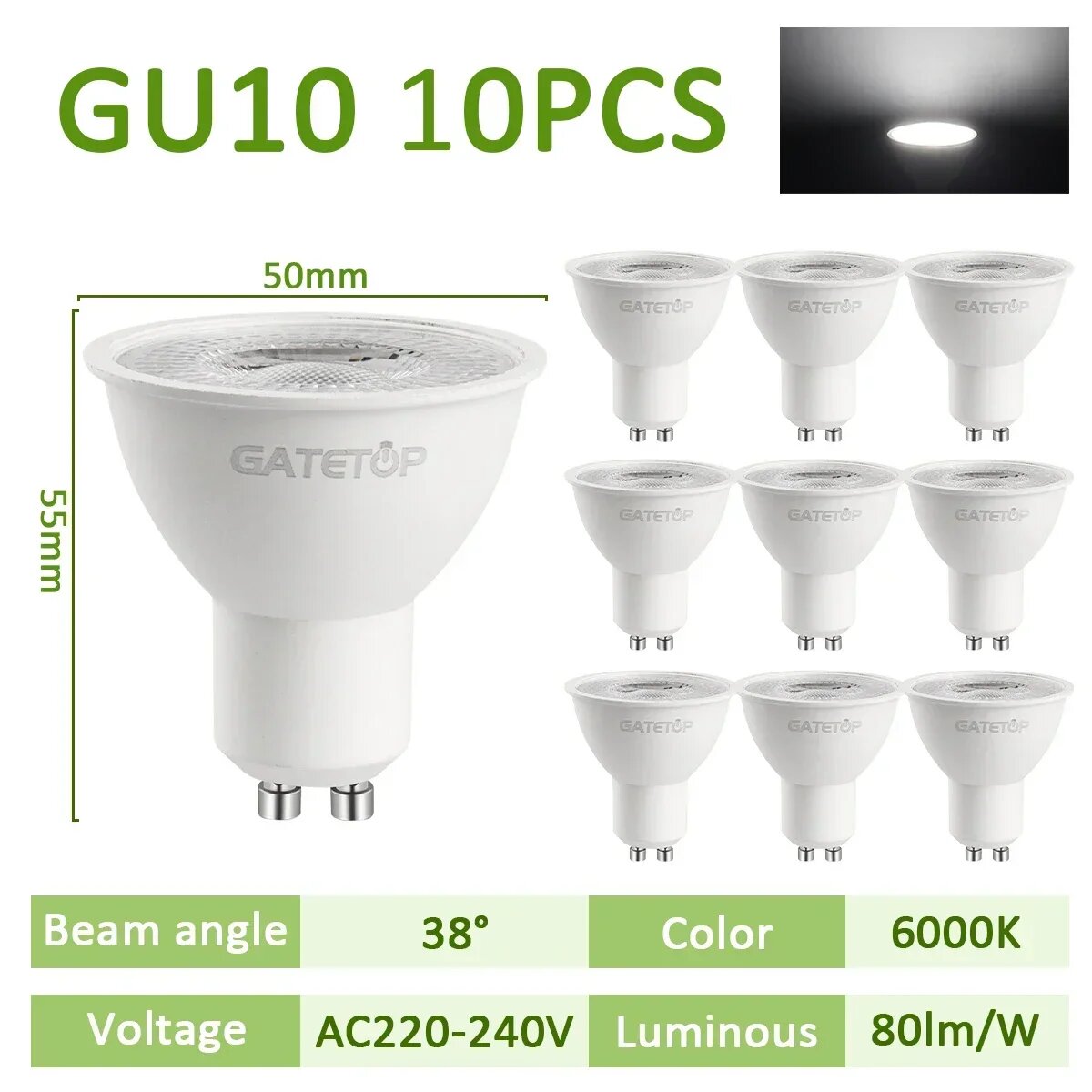 LED лампа Gatetop GU10 3000K/6000K теплый белый свет 10 шт 220В Белый, 38degree 6000K, Yes, 3w