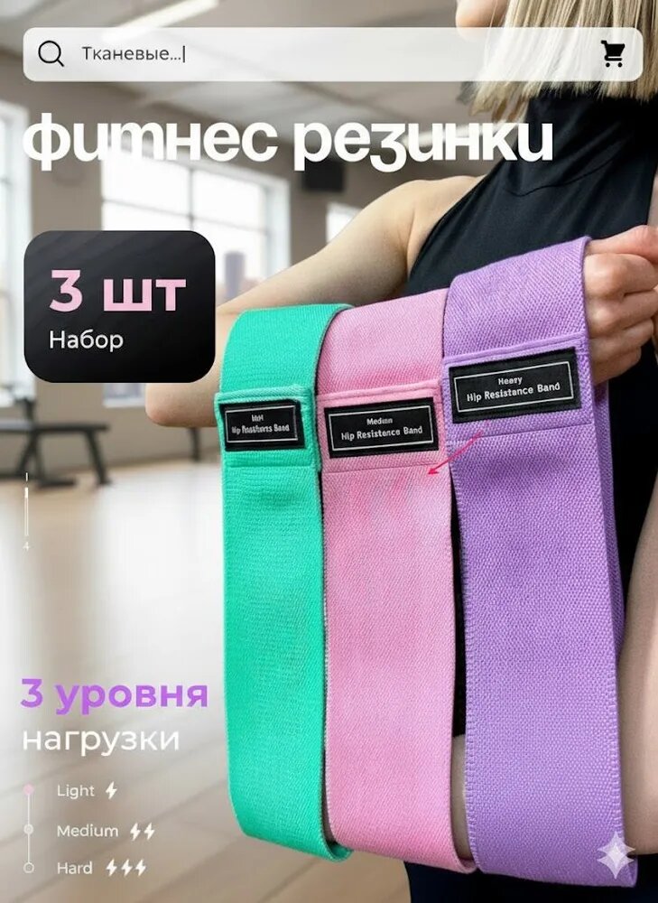 Фитнес резинки для ягодиц и ног / Эспандер ленточный для йоги и фитнеса / Нескользящая латексная лента для спорта