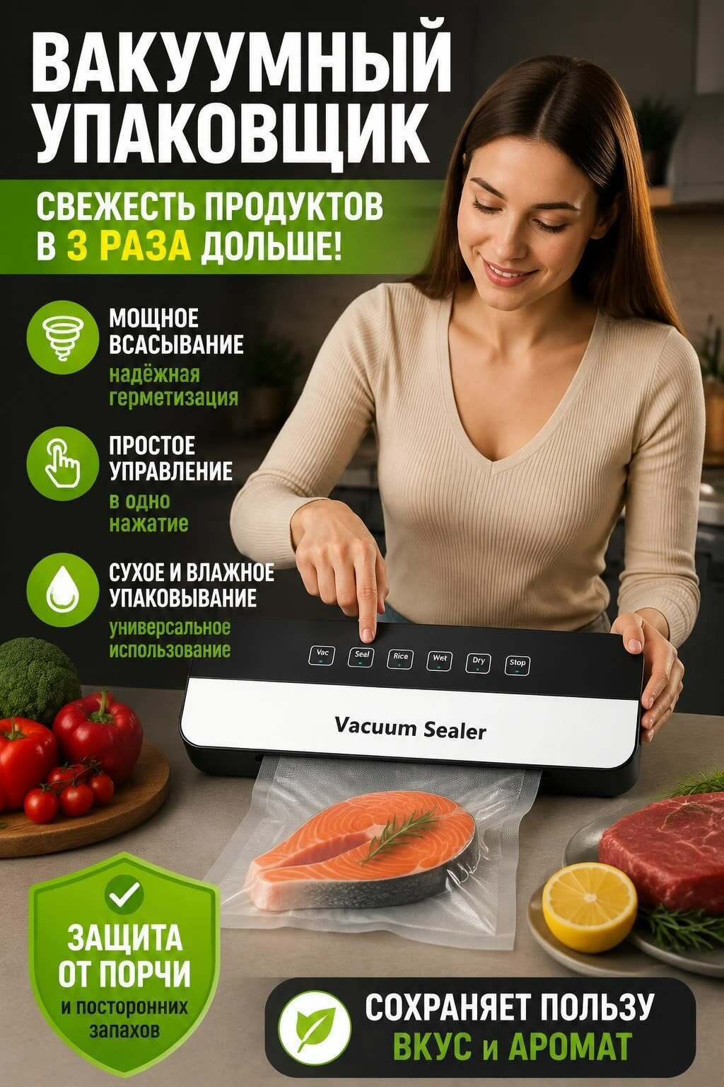Вакуумный упаковщик, АБС пластик, полностью автоматический, герметичный для дома