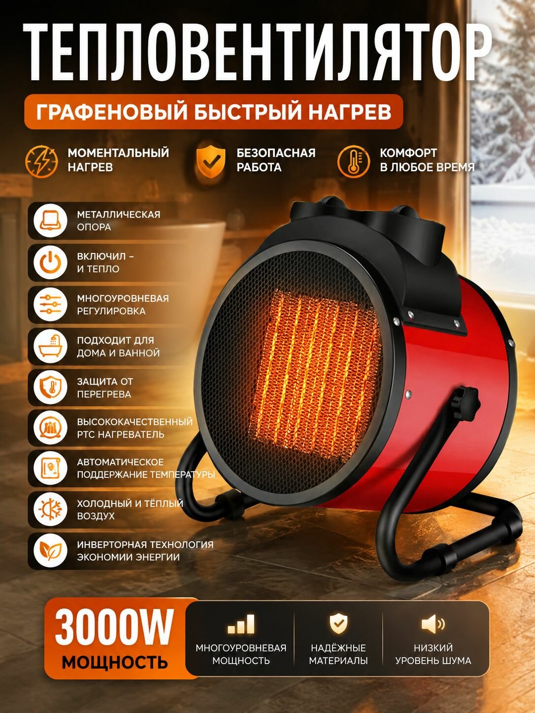 Тепловая пушка электрическая Ресанта ТЭПК-3K с керамическим нагревательным элементом. Обогреватель, тепловентилятор для дома