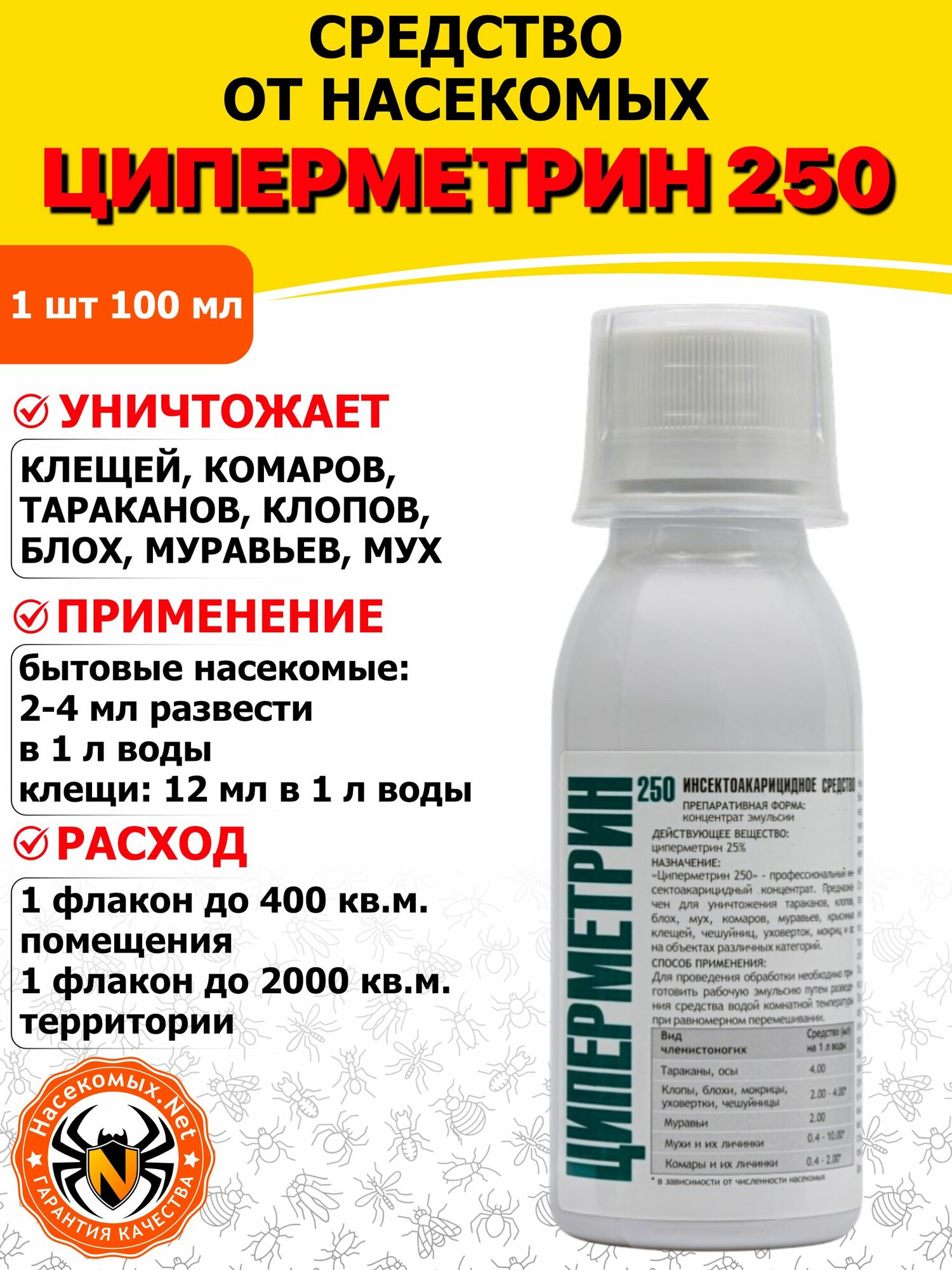 Циперметрин 250 средство от клопов, тараканов, блох, муравьев, мух, комаров, клещей, 100 мл инсектицид для дезинсекции широкого спектра действия