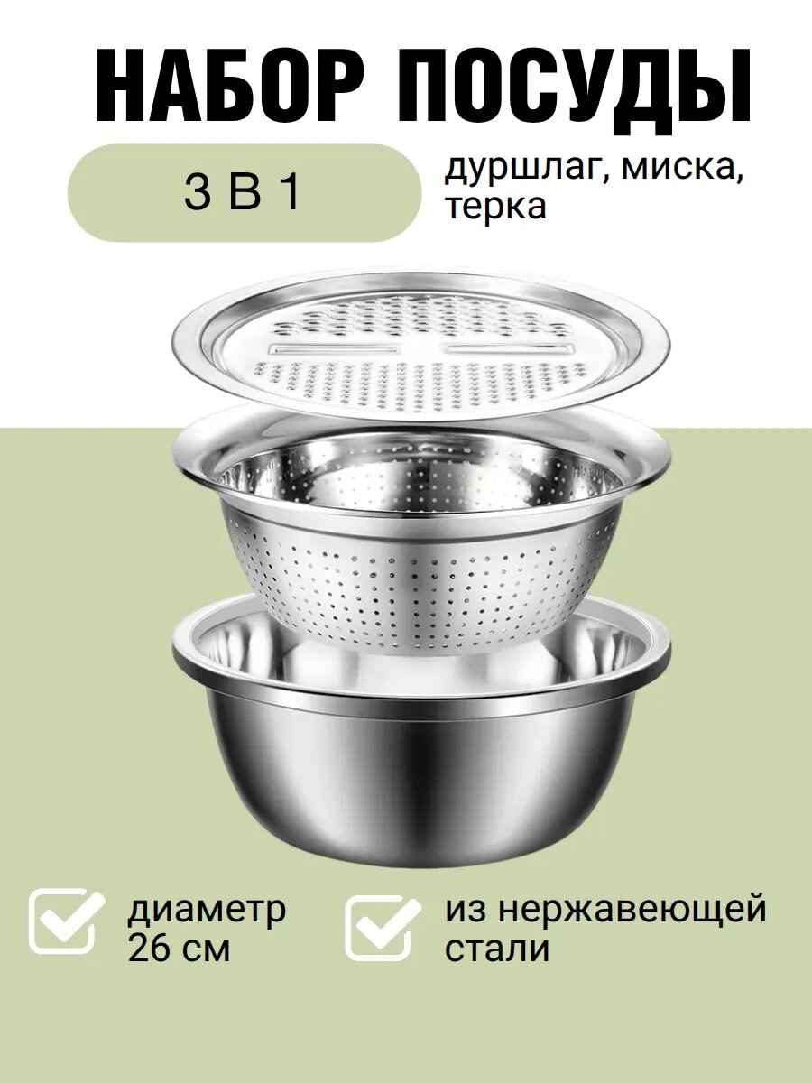 Дуршлаг с миской и теркой – набор 3 в 1 из нержавейки
