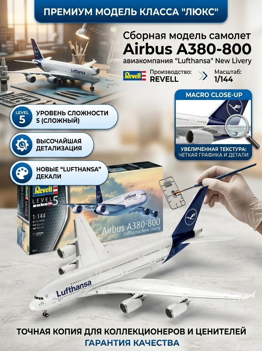 Сборная модель самолет Airbus A380-800 авиакомпания "Lufthansa" New Livery, масштаб 1/144