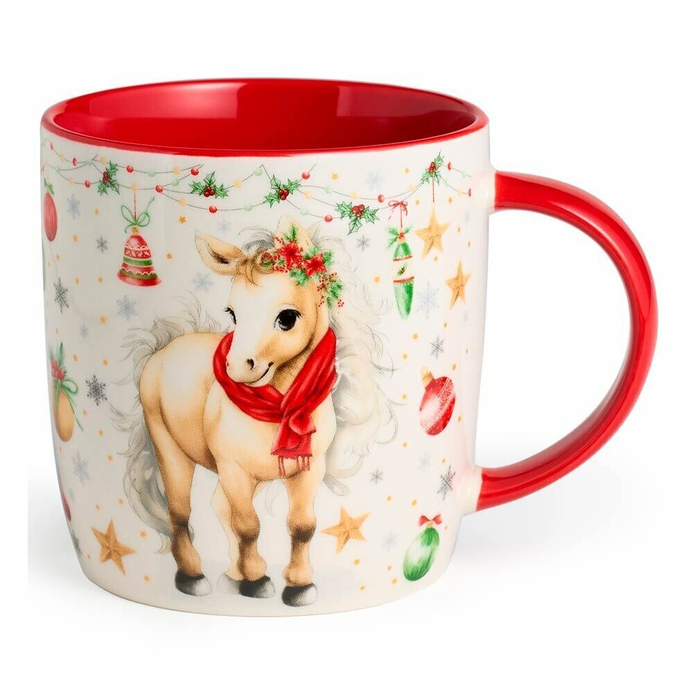 Кружка керамическая 355мл "pony winter story", праздничный рисунок, белая, красная ручка, цветной принт