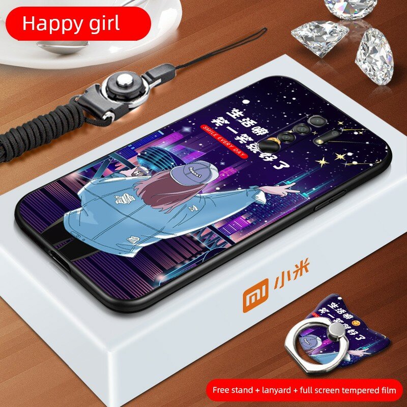 Силиконовый чехол для Redmi 9 с подставкой и ремешком — розовый, милый стиль, мобильное устройство