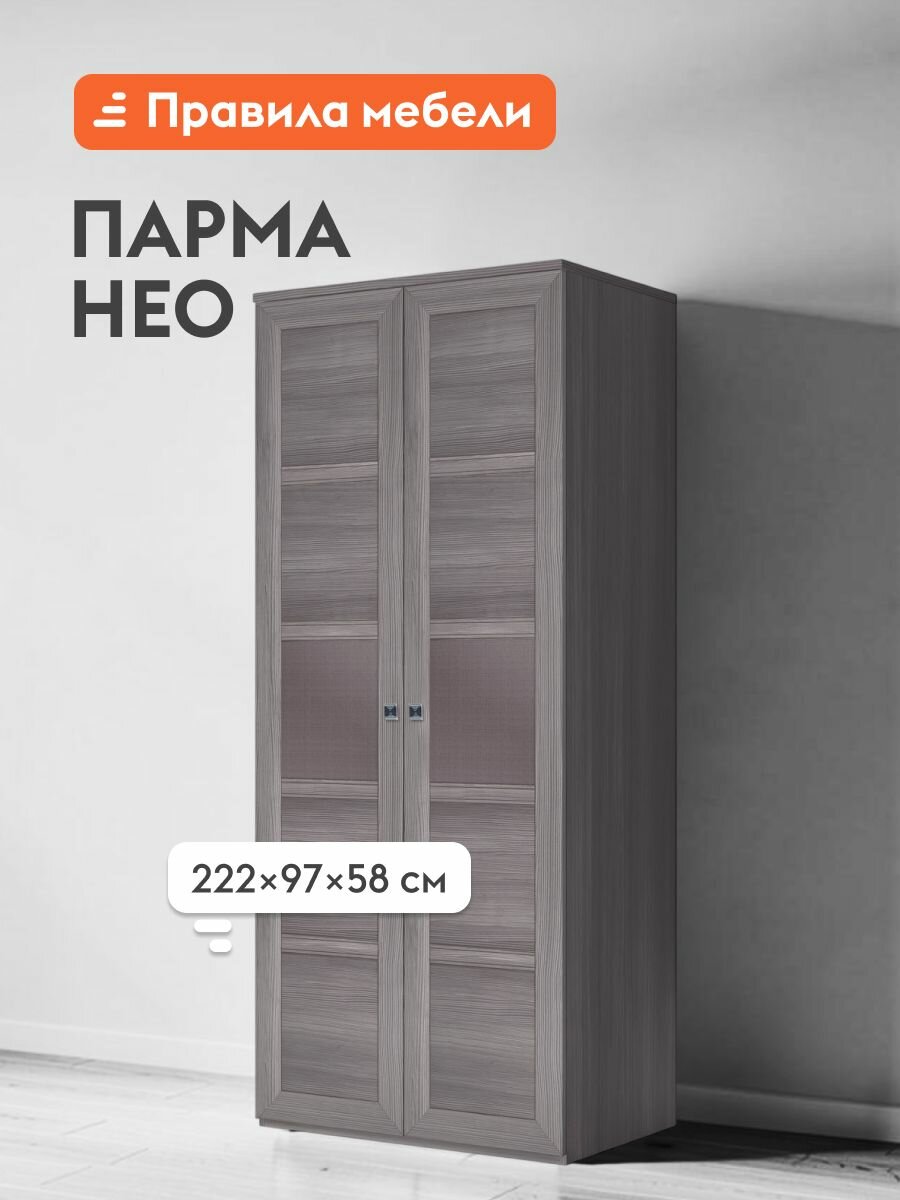 Распашной шкаф для одежды и хранения вещей Парма Нео с полками, со штангой, 97х58х221.7 см, Лиственница темная / Экокожа дила, С глухими фасадами