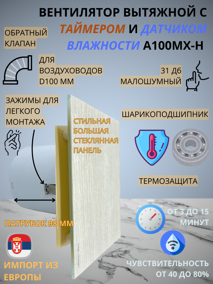 Вентилятор с таймером и датчиком влажности, со стеклянной панелью под камень, с обратным клапаном, D100мм, установка без сверления A100МX-H, Сербия