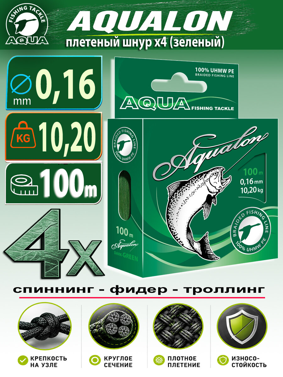 Плетеный шнур для рыбалки AQUA Aqualon 100m 0.16mm 10.2kg темно-зеленый