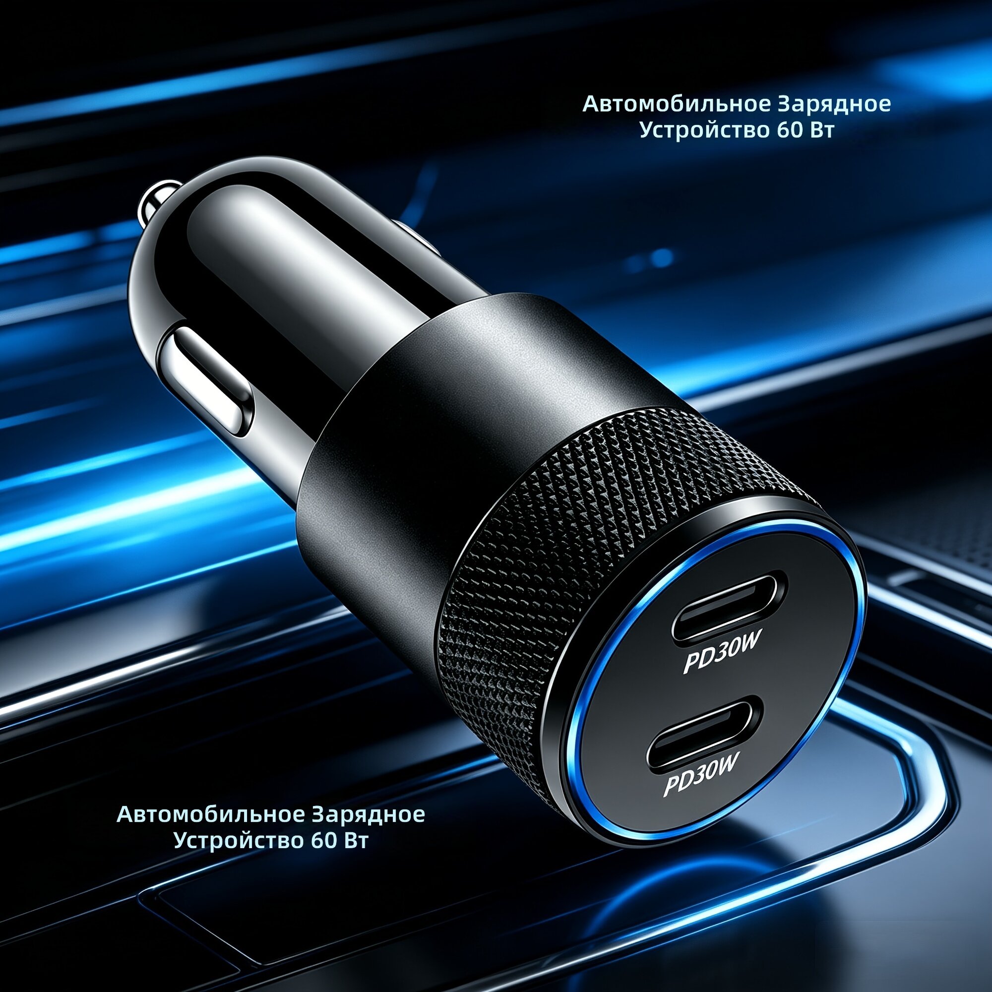 Автомобильное зарядное устройство 60W с двумя портами USB-C, PD 30W+30W, быстрая зарядка, мини-металлический корпус, для iPhone 17/16/15/14/13 Pro Max, Samsung Galaxy S24/S23, iPad Pro, MacBook Air
