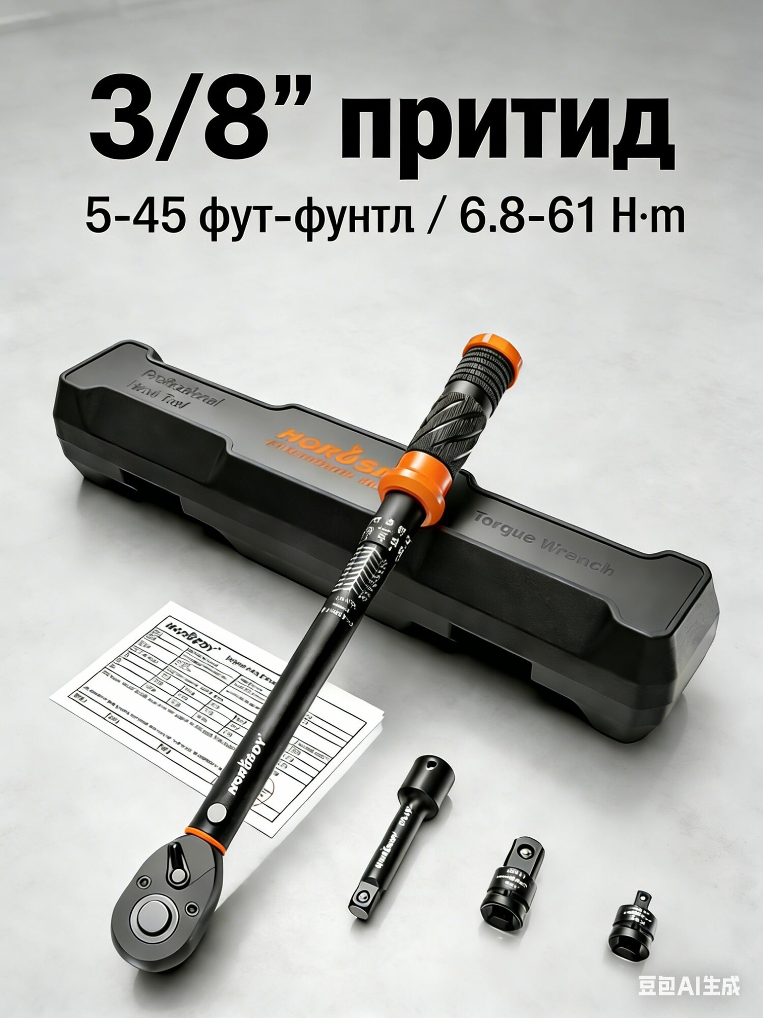 HORUSDY Динамометрический ключ 3/8", 6.861 Нм (5-45 ft.lb), 72 зубца, набор из 4 предметов с удлинителем и адаптерами