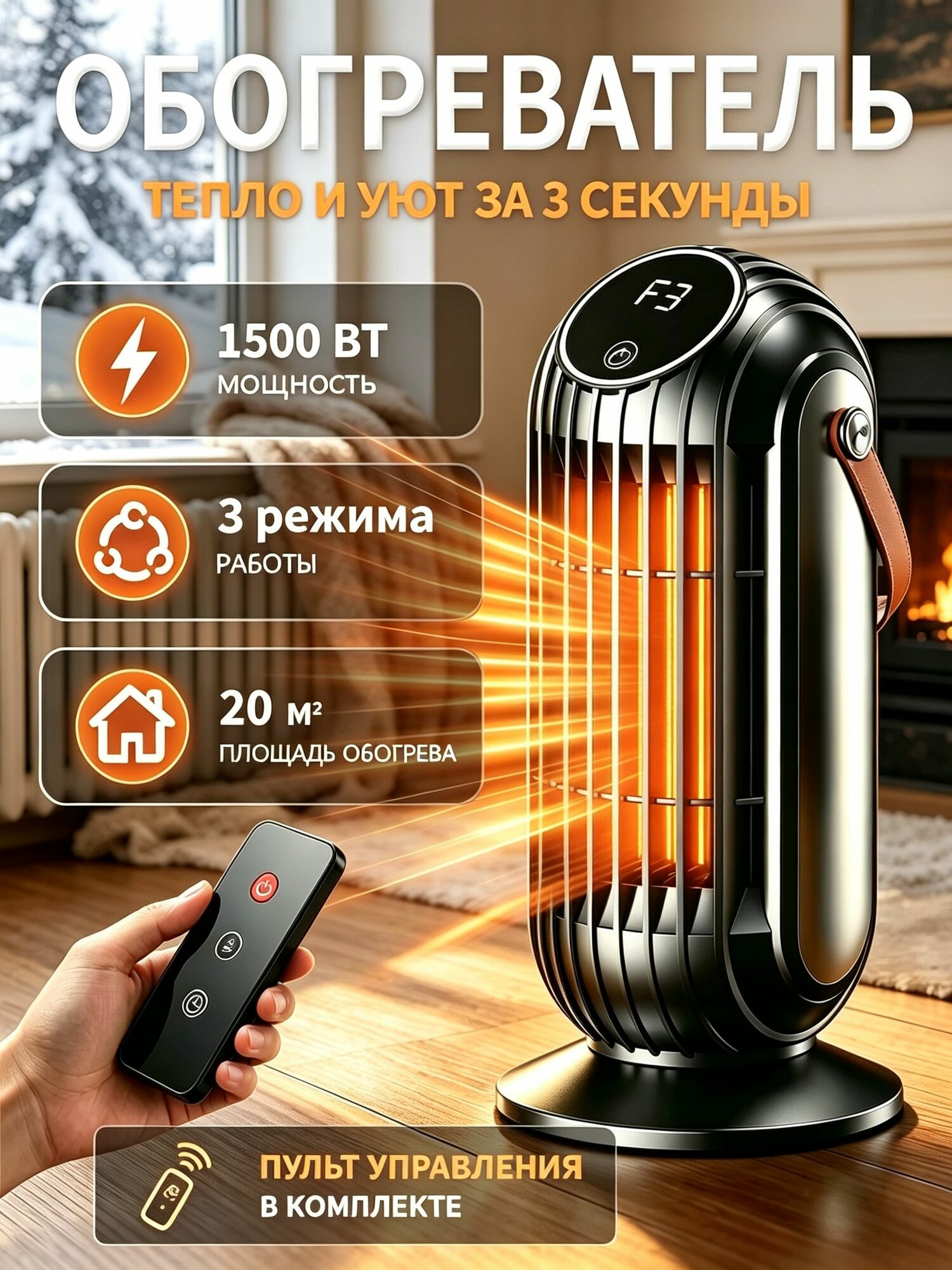 Обогреватель электрический 1500Вт для дома, тепловентилятор с быстрым нагревом, с термостатом и пультом ДУ