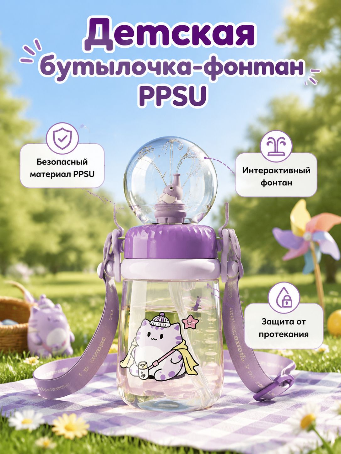 Детский поильник-фонтанчик PPSU, 330 мл, фиолетовый, с ремешком