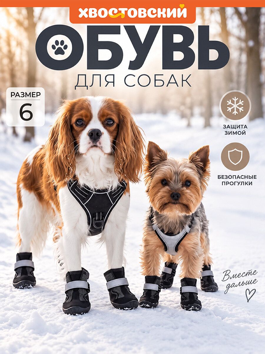 Обувь для собак 6, длина стопы 8 см, ширина стопы 7 см, высота голенища 7,5 см, черный Хвостовский